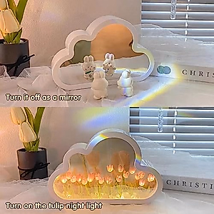 FIALAME DIY Tulip Night Light Room Decor Lamp & Mirror 2 in 1, Artificial Flowers Lamp Battery Powered Material Kit, Warm Ornament Gifts for Family and Friends (Pink)
