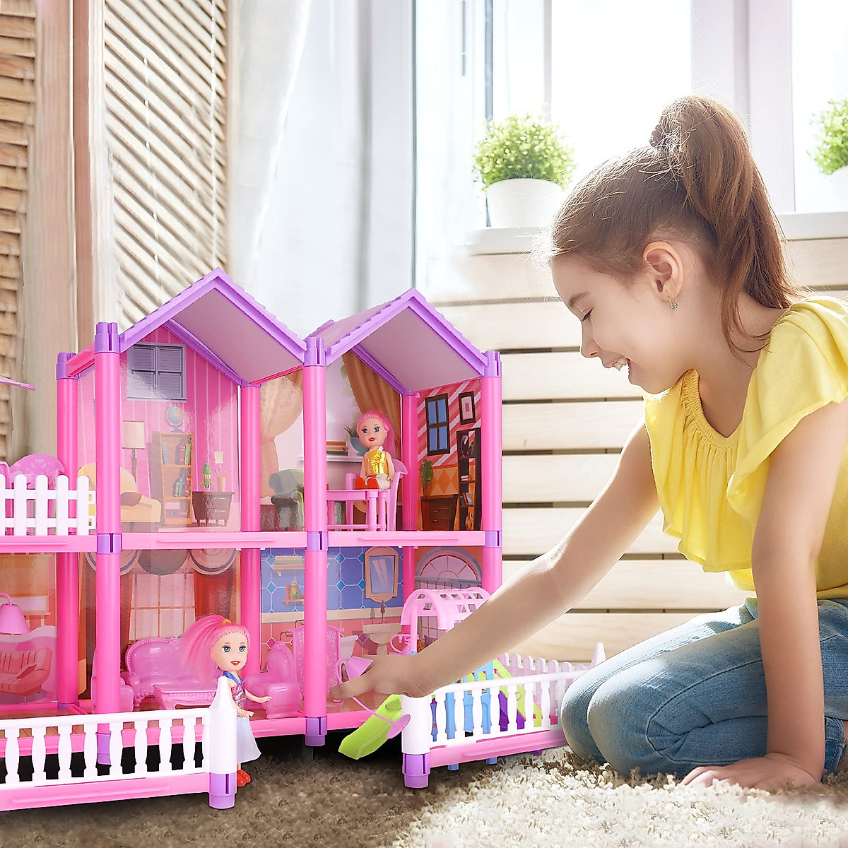 Dollhouse Toy House with Accessories and Furniture, Kids Dollhouses for Girls DIY Doll House Kits with 126 Little Pieces,Dreamhouse Gift for 3 4 5 6 Years Old Toddler Girls (5 Rooms and 1 Balcony)