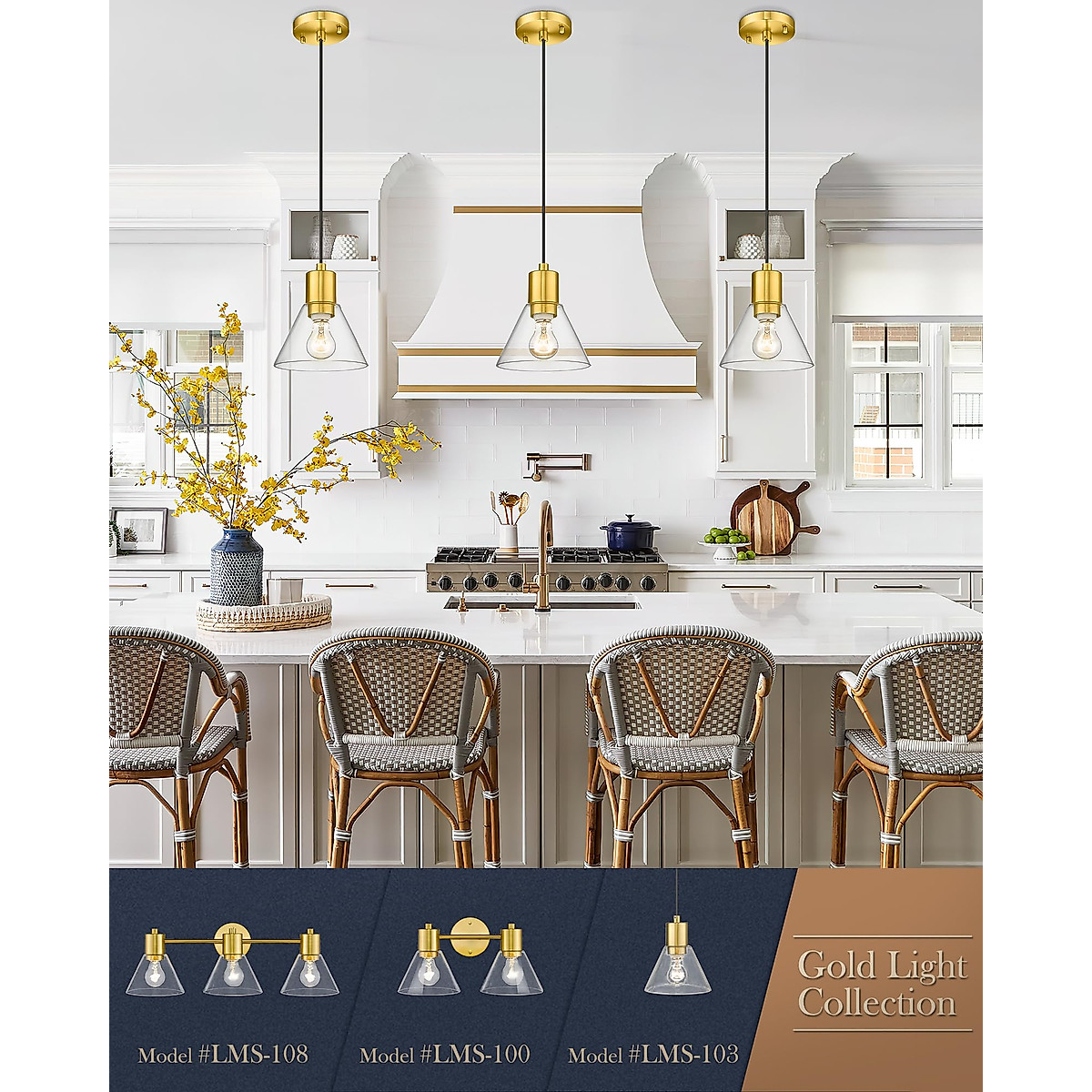 LMS 1-Light Gold Glass Pendant Light, Modern Kitchen Pendant Hanging Light with Clear Glass Shade in Gold Finish, LMS-103