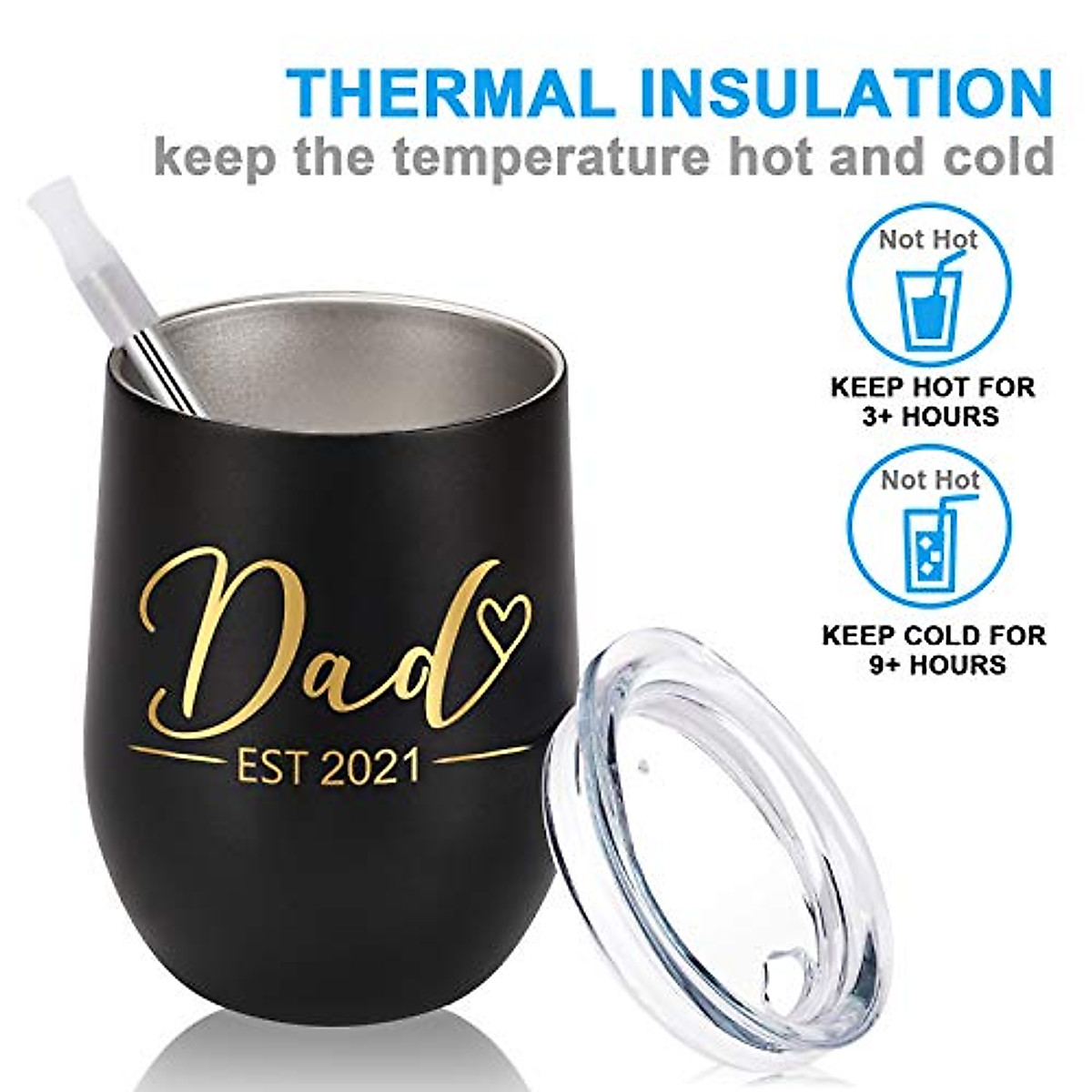 Homlouue New Parents Wine Tumbler Set, Mom Dad Est 2021 Tumbler Set for New Mom Baby Shower New Parents New Pregnancy Baby Announcement, 12 Oz Insulated Stainless Steel Wine Tumbler, Black and White