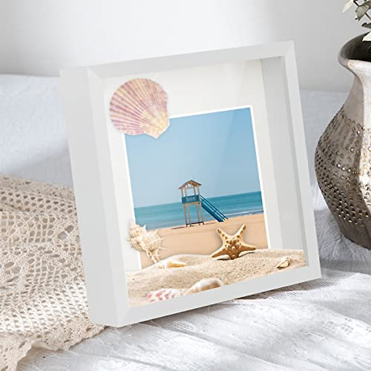 Anhow 2pcs 6x6 Shadow Box Frame, 3D Picture Frame Display Cas with Real Transparent Glass for Photos, Memorabilia, Crafts, Souvenir, Wedding Memories, Baby Items - White/ 1.2 Inch Depth