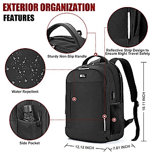 Anti-Theft Travel Laptop Backpack - 15.6 Inch Water Repellent Work Bookbag with USB Charging Port - Durable College School Casual Daypack Fits 15.6 Inch Laptop for Men/Women Black