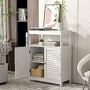 Tangkula Bathroom Storage Floor Cabinet, Free Standing Storage Cabinet with Double Shutter Doors and 3-Position Adjustable Shelves, Wooden Storage Cabinet Organizer for Bathroom, Living Room (White)