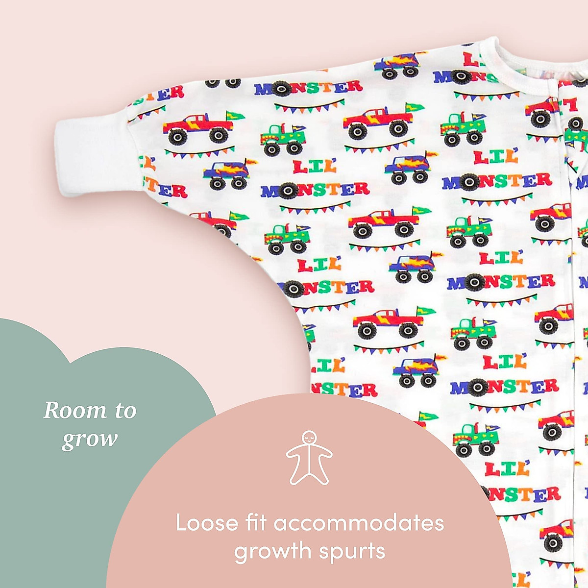 SleepingBaby - Flying Squirrel Wearable Blanket with No-Slip Cuffs for Toddlers - Comfortable Sleepwear - Monster Trucks - 2-3T