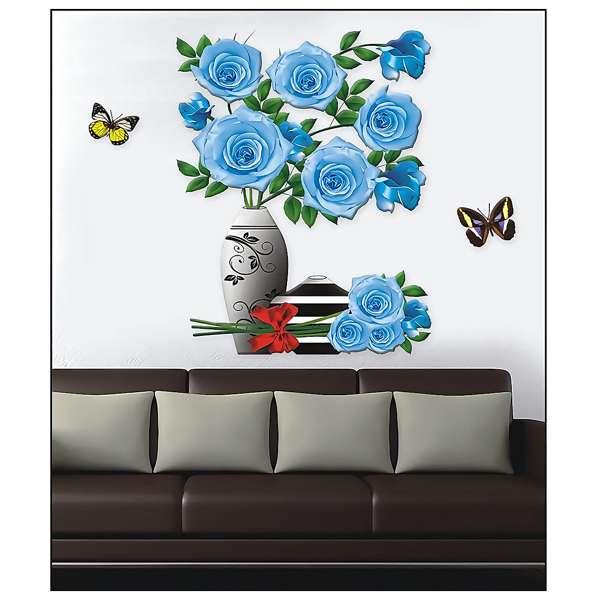 ZIANBELL Magic DIY 3D Removable Wall Stickers Flowers and Vase Theme Art Wall Decals Stereo Superposition Flower Stickers for Living Room Bedroom Bathroom Children's Room, Pale Blue Rose