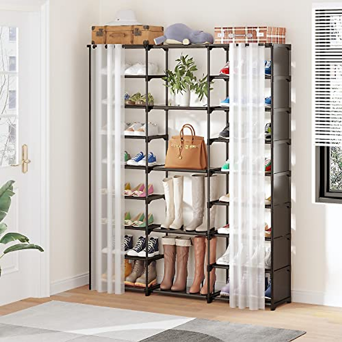 Buzowruil 9-Tier Large Shoe Rack - Metal Shoe Storage Tower with Curtain for Entryway, Holds 50-55 Pairs, Black