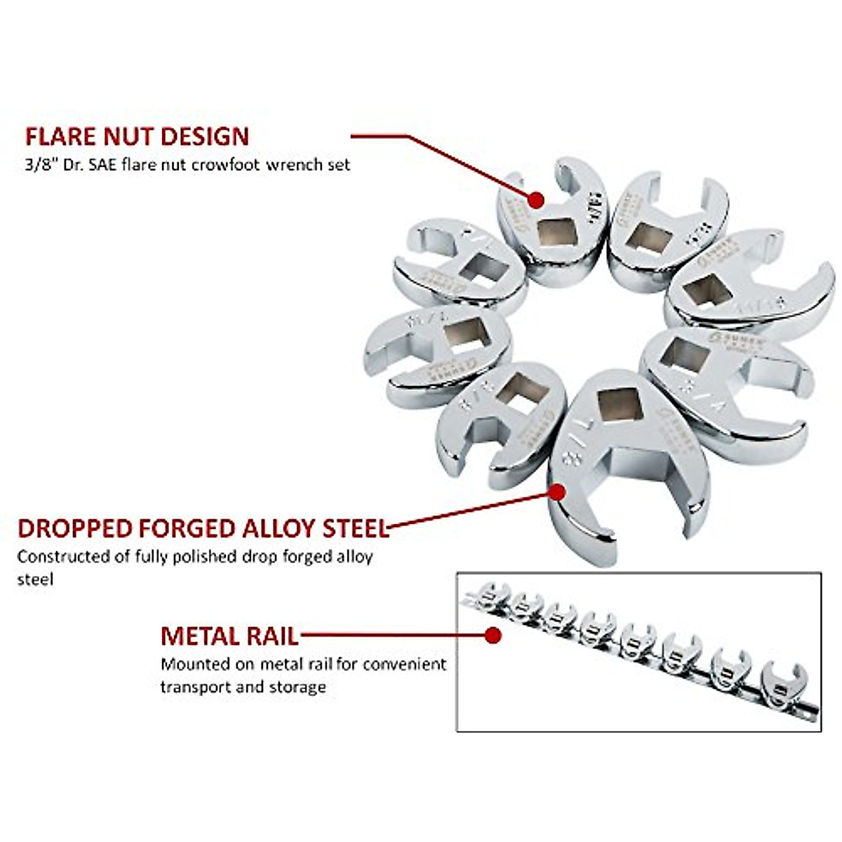 Sunex 9708 3/8-Inch Drive Fractional Crowfoot Flare Nut Wrench Set, 3/8-Inch - 7/8-Inch, Fully Polished, 8-Piece