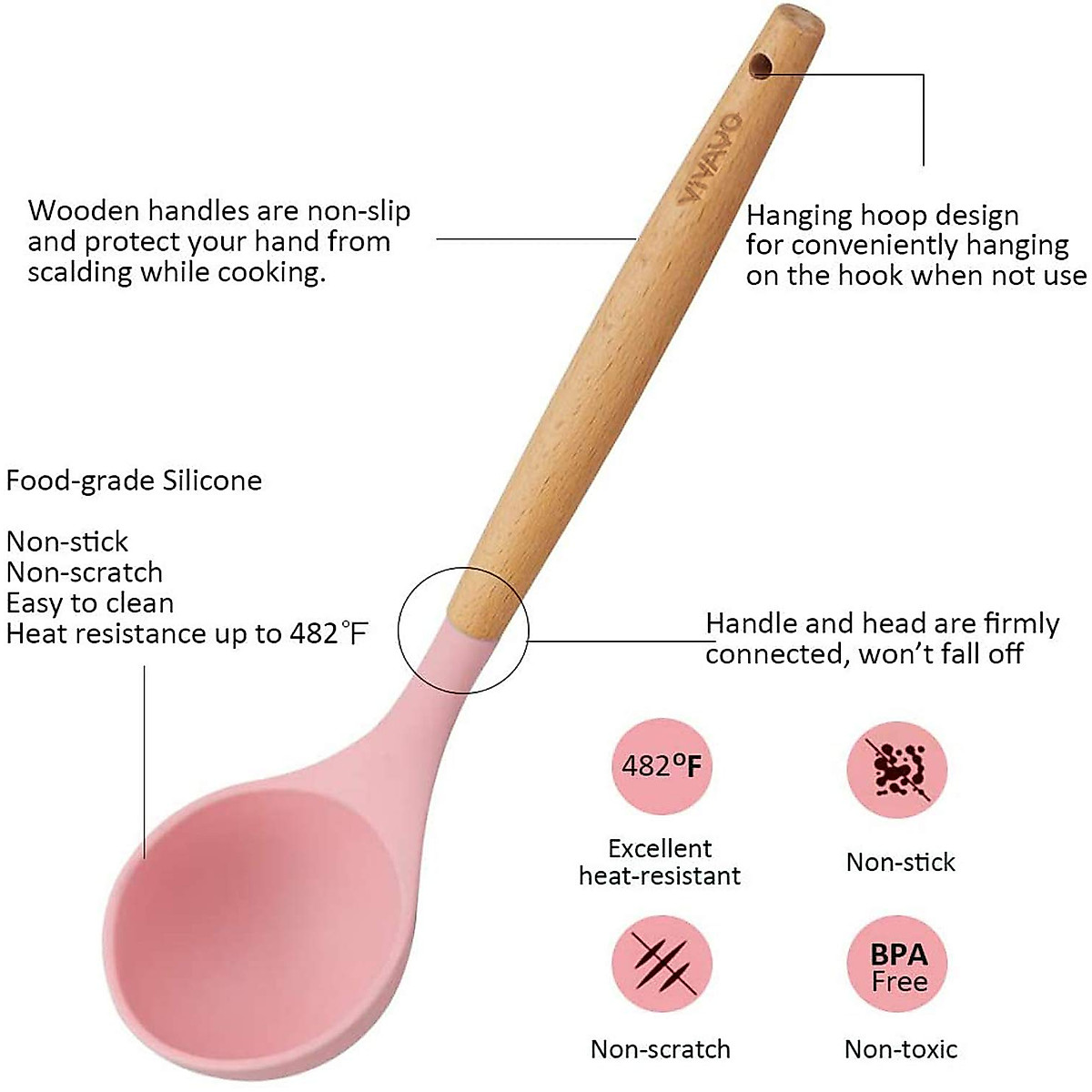 VIVAYO Silicone Cooking Utensil Kitchen Utensils Set, 12 Pieces Silicone Kitchen Utensil Wooden Handles, Kitchen Spatula Sets with Holder Spoon Turner Tongs, Pink