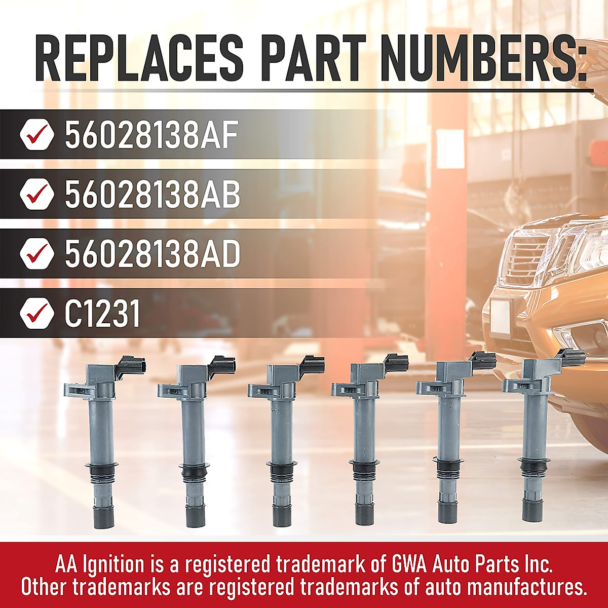 Ignition Coil Pack Set of 6 - Replaces 56028138AF, C1231 - Compatible with Dodge, Jeep Vehicles - 2002-2008 Ram 3.7 & 4.7L - 2000-2008 Dakota, Durango - 2002-2008 Grand Cherokee, Liberty