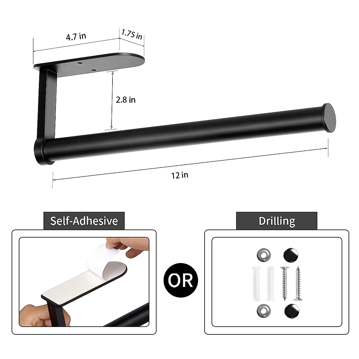 Paper Towel Holder Under Cabinet, OBODING, Black Self Adhesive Paper Towel Holder Wall Mount, Kitchen Paper Towel Holder for Kitchen Organization and Storage (12inch, 1 Pack)