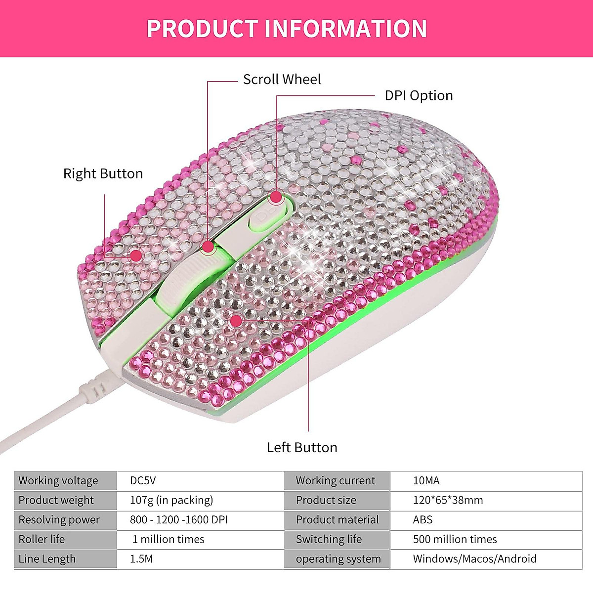 MagiDeal USB Gaming Mouse 1600DPI,Breathing LED Lights, Rhinestone Mouse Mice for PC Keyboard,for Windows Laptop Gamer