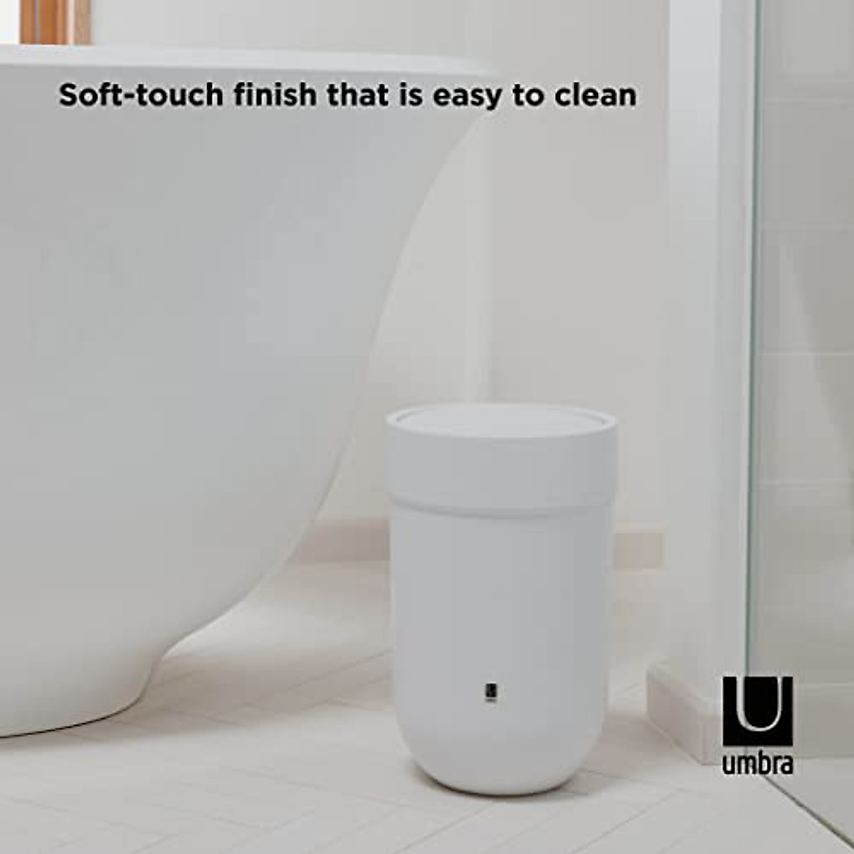 Umbra Touch Waste Can, Small Trash Can with Lid, Swing Lid Waste Basket, Garbage Can with Lid for Washroom/Bathroom, White