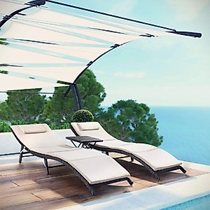 VICTONE Lounge Chairs for Outside, 3 Pieces Patio Chaise Set Outdoor Poolside PE Rattan Reclining Chair with Cushion and Folding Table (Beige)