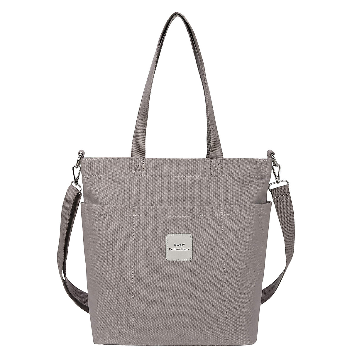 Iswee Canvas Tote Bag with Zipper Multi Pockets Tote Purse for Women Fashion Crossbody Tote Shoulder Bag Handbag Everyday Bag(Grey)