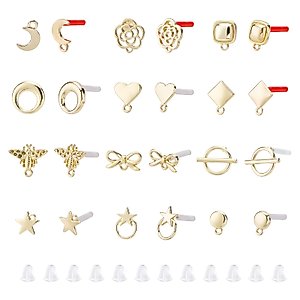 PH PandaHall 96pcs Earring Studs Backs 48pcs 12 Styles Golden Earring Posts Heart Moon Star Rhombus Pad Base with Loops Steel Pin and 48pcs Plastic Earring Backs for DIY Earring Making and Repairing