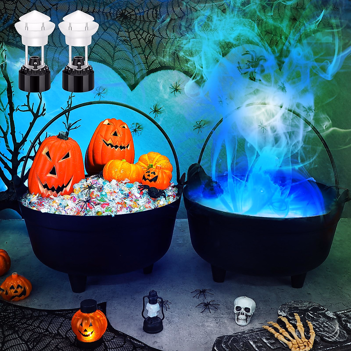 Mifoci 4pcs 14'' Plastic Halloween Cauldron Bowl with 12 LED Lights Mist Maker, Black, 16.0 oz, for Decoration and Favor