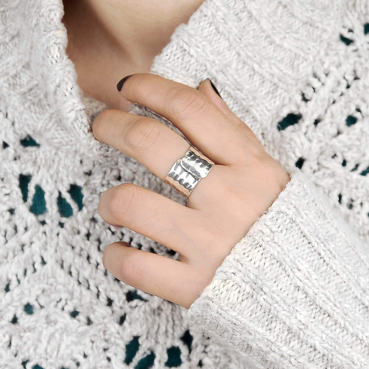 Boho-Magic 925 Sterling Silver Band Ring for Women Plain Thumb Wide Cuff Hammered Adjustable (7)