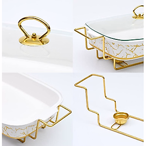 HONHPD 3PCS Rectangular Porcelain Casserole Warming Trays for Food, Ceramics Chafers, and Buffet Warmers Sets, Ceramics Chafing Dish Buffet Set, Gold Plating Serving Dishes(11inch.13inch.15inch）
