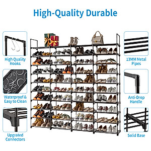 10-Tier Tall Shoe Rack - Free Standing Shoe Shelf Organizer - Large Metal Closet Organizers and Storage Shelves - Stackable Shoe Stand with Hooks for Bedroom Entryway - Holds 80 Pairs of Shoes - Black