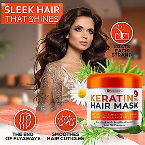 Keratin Hair Mask - Sulfate Free Hydrating Deep Conditioner Treatment for Dry, Damaged and Split Ends - Moisture for Frizzy and Curly Hair - For Women and Men - Moisturizer Care to Repair Damage