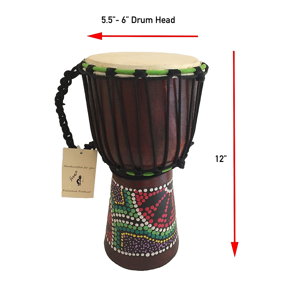 Djembe Drum Bongo Congo African Wood Drum - MED SIZE- 12" High, JIVE BRAND, Professional Quality With Heavy Base/Includes Drum Key Chain
