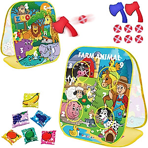 3-in-1 Farm Animals Bean Bags Toss Axes Throwing Sticky Balls Game for Kids 2 3 4 5 Years Old Toddlers Indoor Outdoor Sports Toys Gifts for Boys Birthday Valentines Easter Christmas Stocking Stuffer