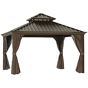 ZZBJ 12'x12' Metal Roof Gazebo Canopy with Curtains and Netting, Outdoor Hardtop Gazebo with Aluminum Frame for Backyards