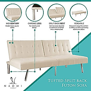 Naomi Home Split Back Faux Leather Leather Futon Sofa (Split Back with Armrest, Cream)