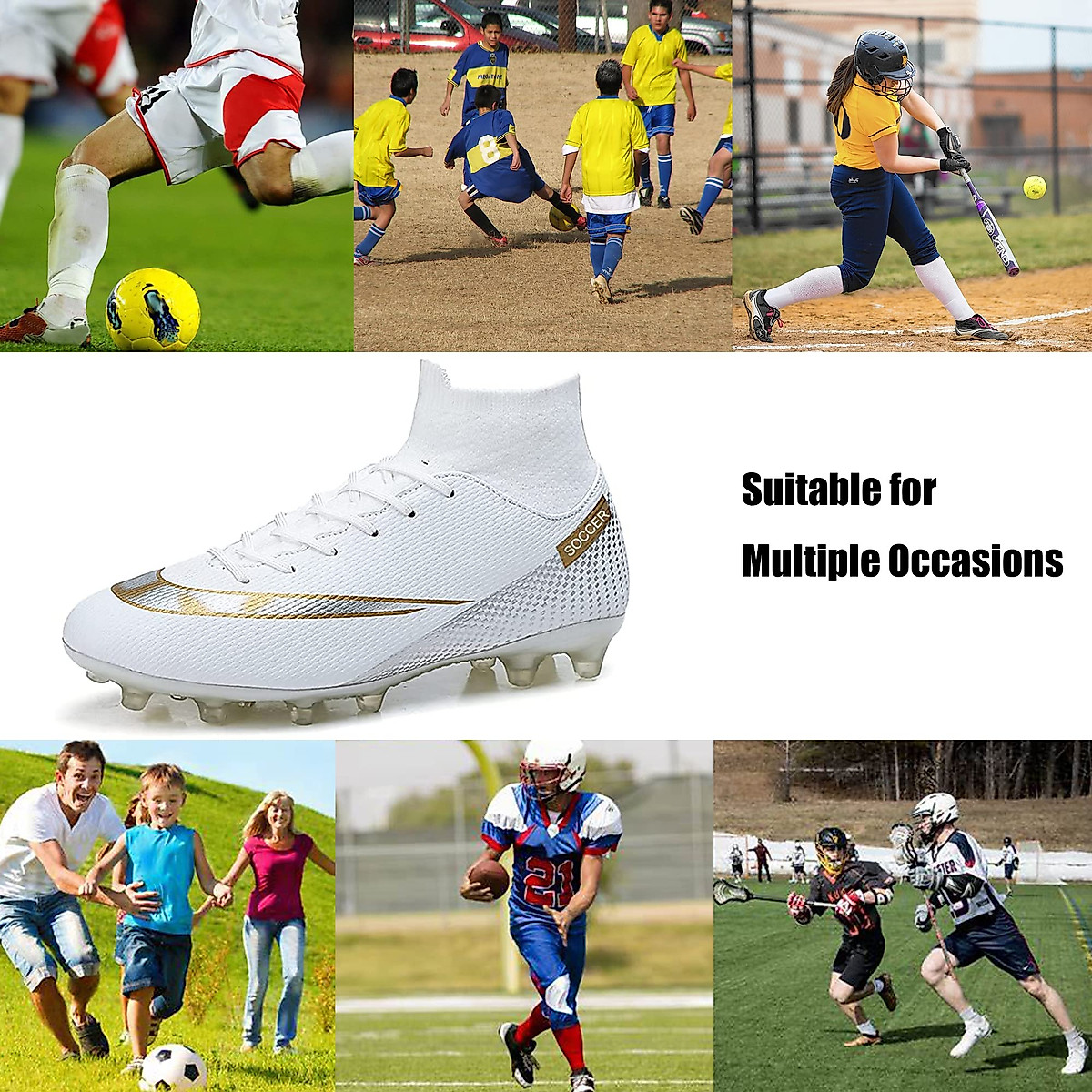 Men's Football Cleats with High-Top Non-Slip Spikes Ankle Supports Indoor Outdoor Firm Ground Soccer Shoes White EU 42 US 9