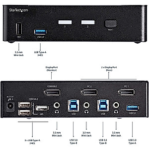 StarTech.com 2 Port DisplayPort KVM Switch - 4K 60Hz - Single Display - Dual Port UHD DP 1.2 USB KVM Switch with Integrated USB 3.0 Hub & Audio-Dell HP Apple Lenovo-TAA Compliant (SV231DPU34K), Black