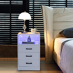 Karl home 3 Drawers Nightstand with Wireless Charging Station for Bedroom, Bedside Table with LED Lights and Storage, End Table for Living Room, AC Outlets USB Ports, Bed Side Table, White