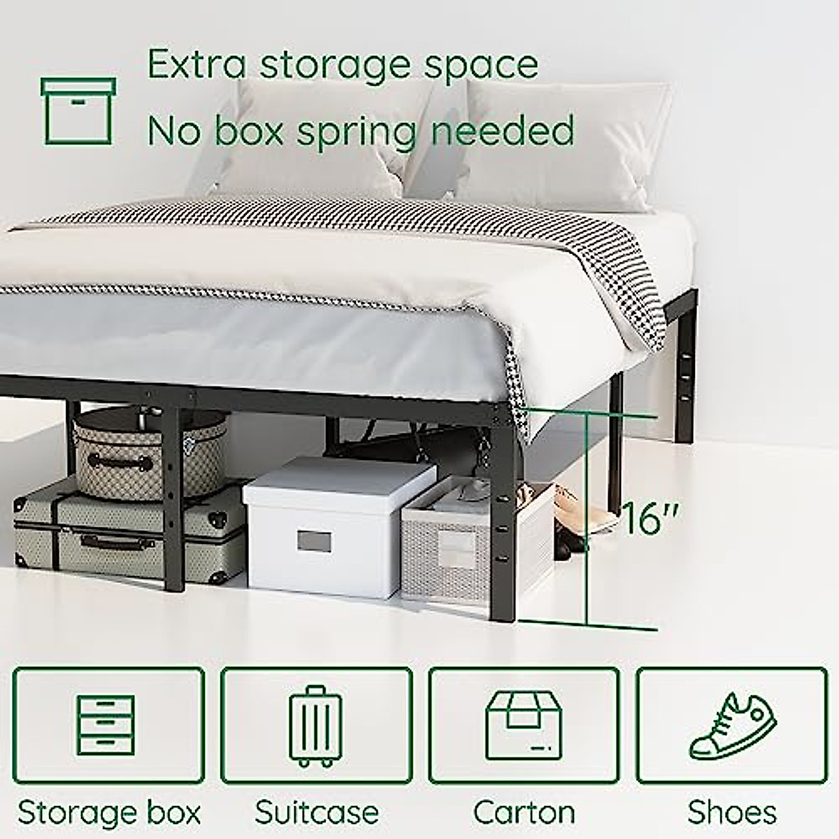 DiaOutro 16 Inch Full Size Bed Frame Heavy Duty Metal Platform No Box Spring Needed, Maximum Storage, Easy to Assembly, Noise Free, Black