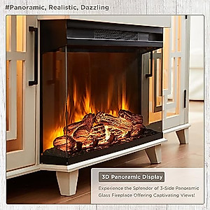 JXQTLINGMU 3-Sided Glass Fireplace TV Stand for 75 Inch TV w/LED Light, Farmhouse Highboy Entertainment Center w/26in Electric Fireplace, Large Media Console w/2 Storage Cabinet for Living Room, White