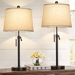 Table Lamps for Living Room Set of 2, Modern Bedside Lamps for Bedroom Height Adjustable Desk Lamp Dimmable Black Nightstand Lamps with Beige Lampshade, Pull Chain Table Lamp for Office Restaurant