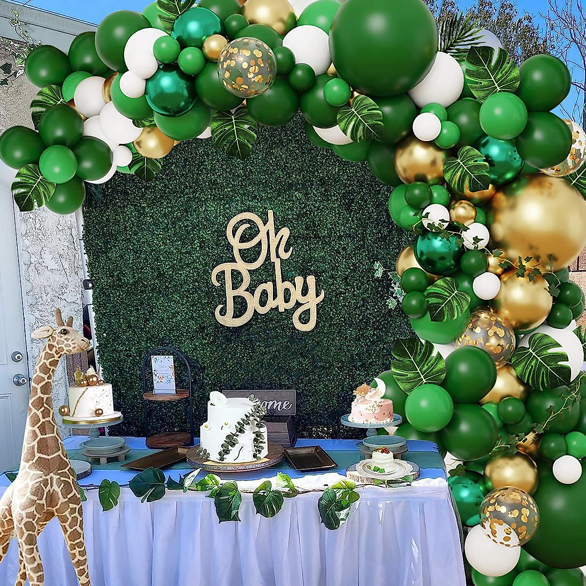 Jungle Party Balloons Garland Arch Kit, Green Gold White Balloons Safari Tropical Dinosaur Birthday Party Decorations for Baby Shower, Bridal Shower, Wedding, Anniversary, Graduations