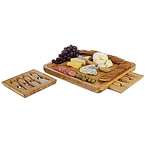 WoneNice Organic Large Bamboo Cheese Board and Knife Gift Set, 16x14 x 2 Charcuterie Board Set, Cheese Platter Wooden Serving Tray with Hidden Drawers, and 8 Stainless Steel Knives