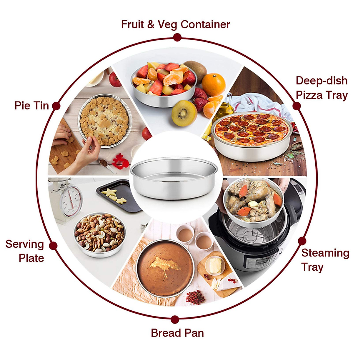 TeamFar 6 Inch Cake Pan, 6 Pcs Cake Pan Set Round Baking Pan Stainless Steel for Baking Steaming Serving, Fit in Oven Pressure Cooker Air Fryer, Healthy & Heavy Duty, Easy Clean & Dishwasher Safe