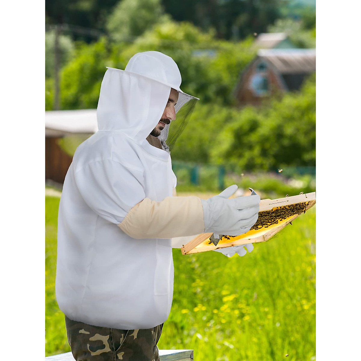 Professional Beekeeper Jacket with Goatskin Gloves- Premium Beekeeping Suit Jacket Pull Over with Fencing Veil Hood- Bee Jacket Beekeeping Smock Protective Suit for Beginner & Professional Beekeepers