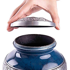 GSM Brands Cremation Urn for Adult Human Ashes - Large Handcrafted Funeral Memorial with Striking Blue Design (Aluminum - 10 Inch Height x 7 Inch Width)
