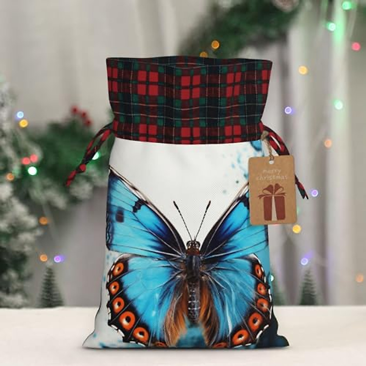EVANEM Christmas Gift Bags with Drawstring Burlap Gift Bags Butterfly Christmas Linen Bags for Xmas Party Candy Bags with Cards Xmas Reusable Wrapping Bags Christmas Linen Treat Bags for Holiday