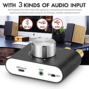 Nobsound Mini Bluetooth 5.0 Power Amplifier, Stereo Hi-Fi Digital Amp 2.0 Channel 50W×2 with AUX/USB/Bluetooth Input, Wireless Audio Receiver, PC Sound Card with Power Supply (Black)