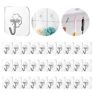 hoeslaw Self Adhesive Wall Hooks, 30 Pcs Heavy Duty Hooks for Hanging 15lbs(Max) No Damage, Transparent Seamless Waterproof Rustproof Stainless Steel Bathroom Shower Outdoor Kitchen Towel Coats Hooks