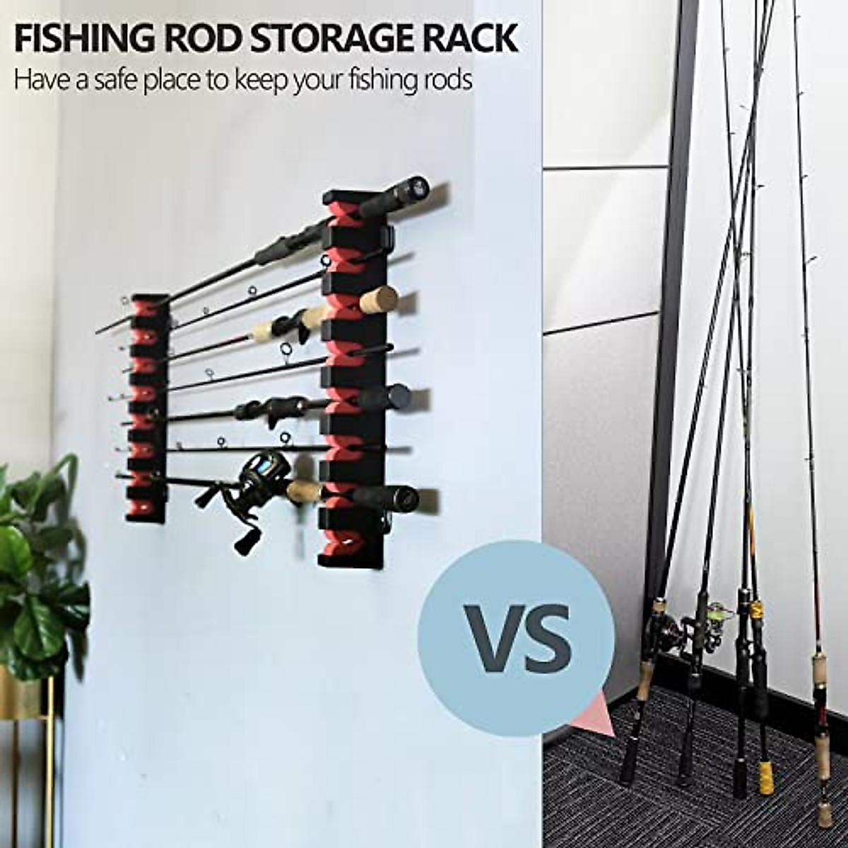 THKFISH Fishing Rod Rack Store 8 Fishing Rod Holders Rod RackWall Mount Horizontal Fishing Pole Holders for Garage Room, Boats Store 8 Fishing Rod Combos,1pair grey