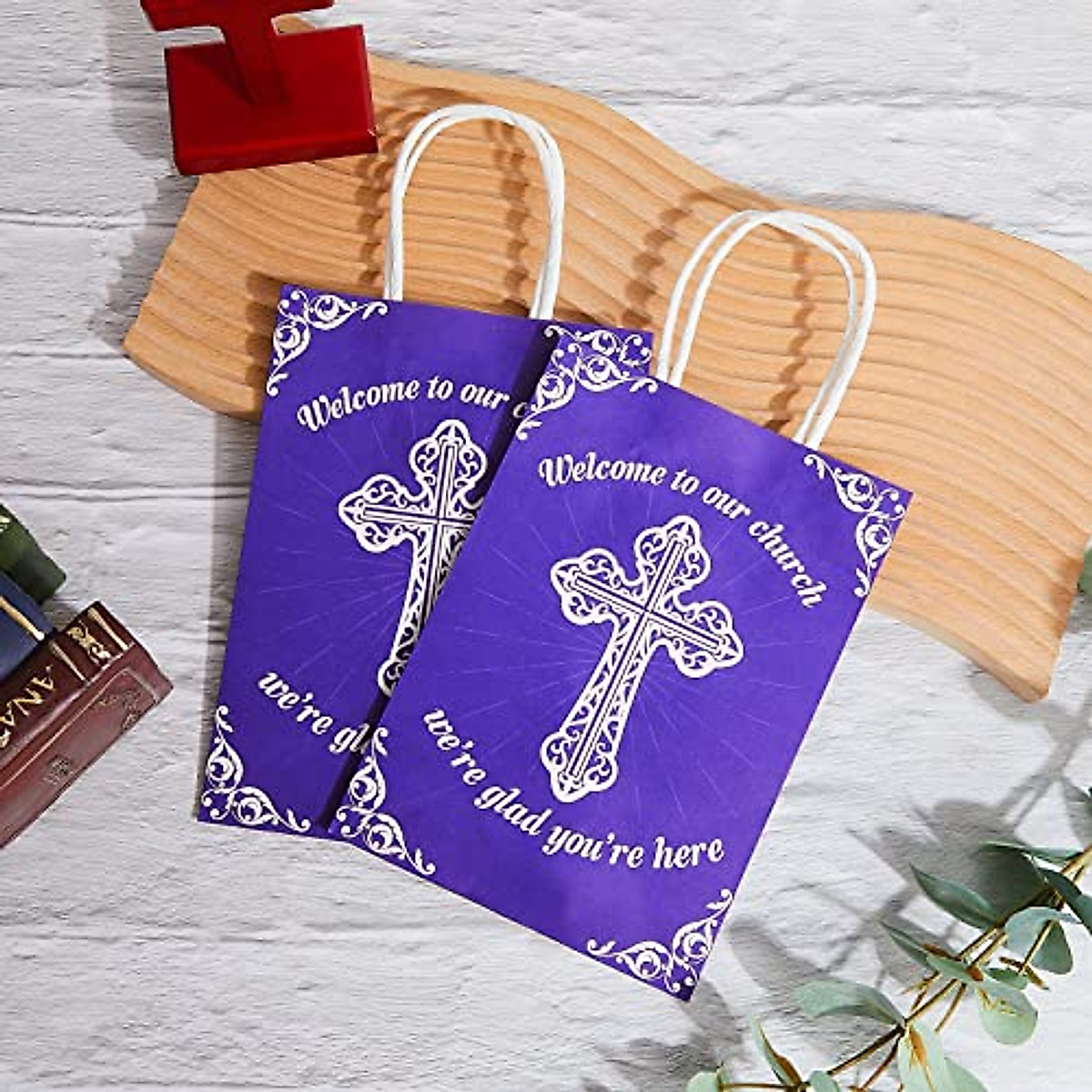 15 Pieces Welcome Gift Bags with Handles Purple Welcome to Our Church Gift Bags Religious Church Bag Baptism Gift Bag Bulk for Birthday Church Theme Party Supplies, 5.9 x 3.1 x 8.3 Inch