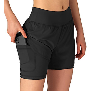 Gopune Women's 2 in 1 Running Shorts Workout Athletic Gym Yoga Shorts with Phone Pockets Black,XL