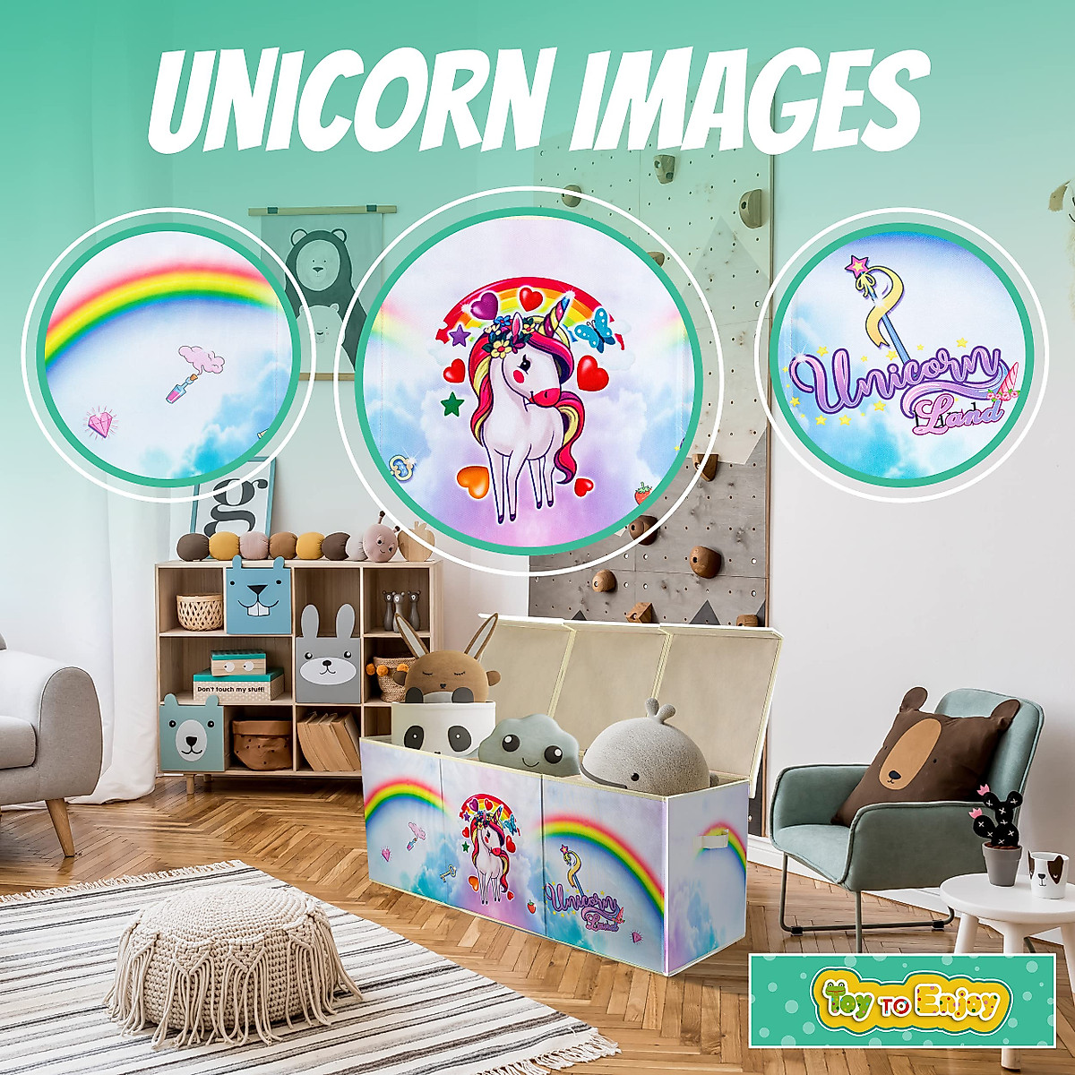 Toy To Enjoy Kids Toy Box - Large Stuffed Animal Storage, Collapsible Toy Chest Bin, Durable Fabric Toy Box for Boys & Girls - Storage Basket with Lid & Removable Inserts, 38x13x15 Inches (Unicorn)