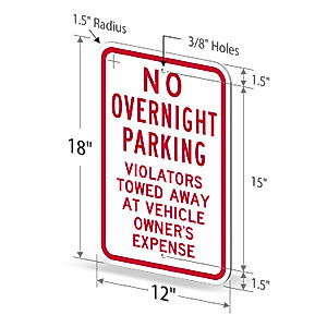 SmartSign 18 x 12 inch “No Overnight Parking - Violators Towed Away At Vehicle Owner's Expense” Metal Sign, 63 mil Aluminum, 3M Laminated Engineer Grade Reflective Material, Red and White