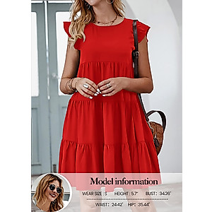 KIRUNDO Valentines Dress for Women Summer Sleeveless Ruffle Sleeve Round Neck Loose Short Flowy Pleated Mini Babydoll Sundresses, Red, Medium