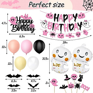 67 Pcs Halloween Birthday Decorations Pink Black Birthday Banner Cake Topper Halloween Cupcake decoration 3D Bat Wall Stickers Halloween Theme Balloons Happy Birthday Party Supplies