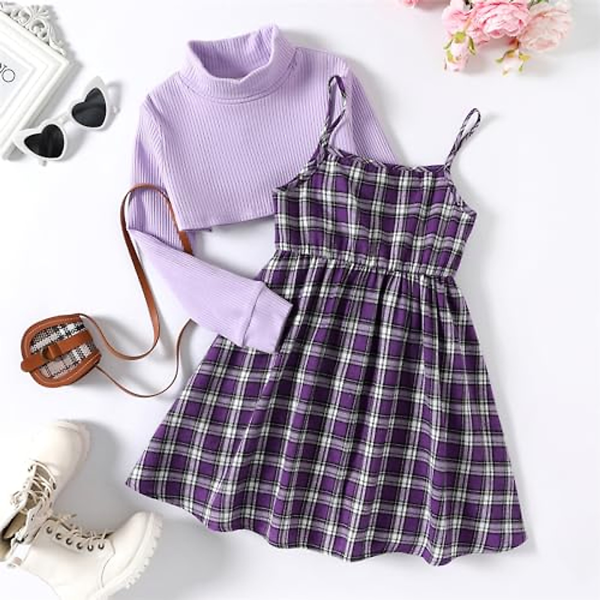 PATPAT Girl's 2 Pieces Plaid Dress Set Outfits Casual High Neck Long Sleeve Crop Top and Preppy Camisole A-Lined Dresses Sets Purple 8-9 Years